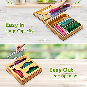 Wahopy Ziplock Bag Neat Organizer for Kitchen Drawer, Food Storage Bag Bamboo Dispenser Holder, Compatible with Gallon, Slider Quart, Sandwich and Snack Various Size Bag, Anti Slip, Easy to Use