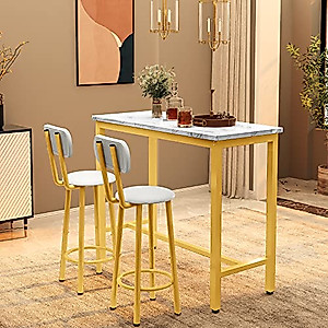 Lamerge Faux Marble Pub Height Table with 2 PU Upholstered Stools,3-Piece Kitchen Table and Chairs,Suit for Dining Room & Living Room & Breakfast Nook,Space Saving Set for 2,White & Gold & Grey,39.3"