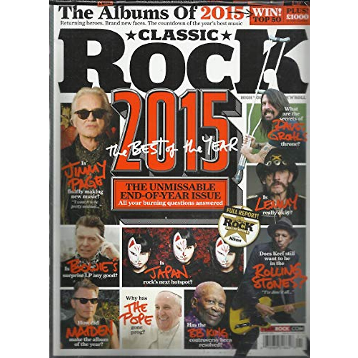 CLASSIC ROCK MAGAZINE, 2015 THE BEST OF THE YEAR JANUARY, 201 ISSUE NO.218 FREE CD INCLUDED ( PLEASE NOTE: ALL THESE MAGAZINES ARE PET & SMOKE FREE MAGAZINES. NO ADDRESS LABEL. (SINGLE ISSUE MAGAZINE.)