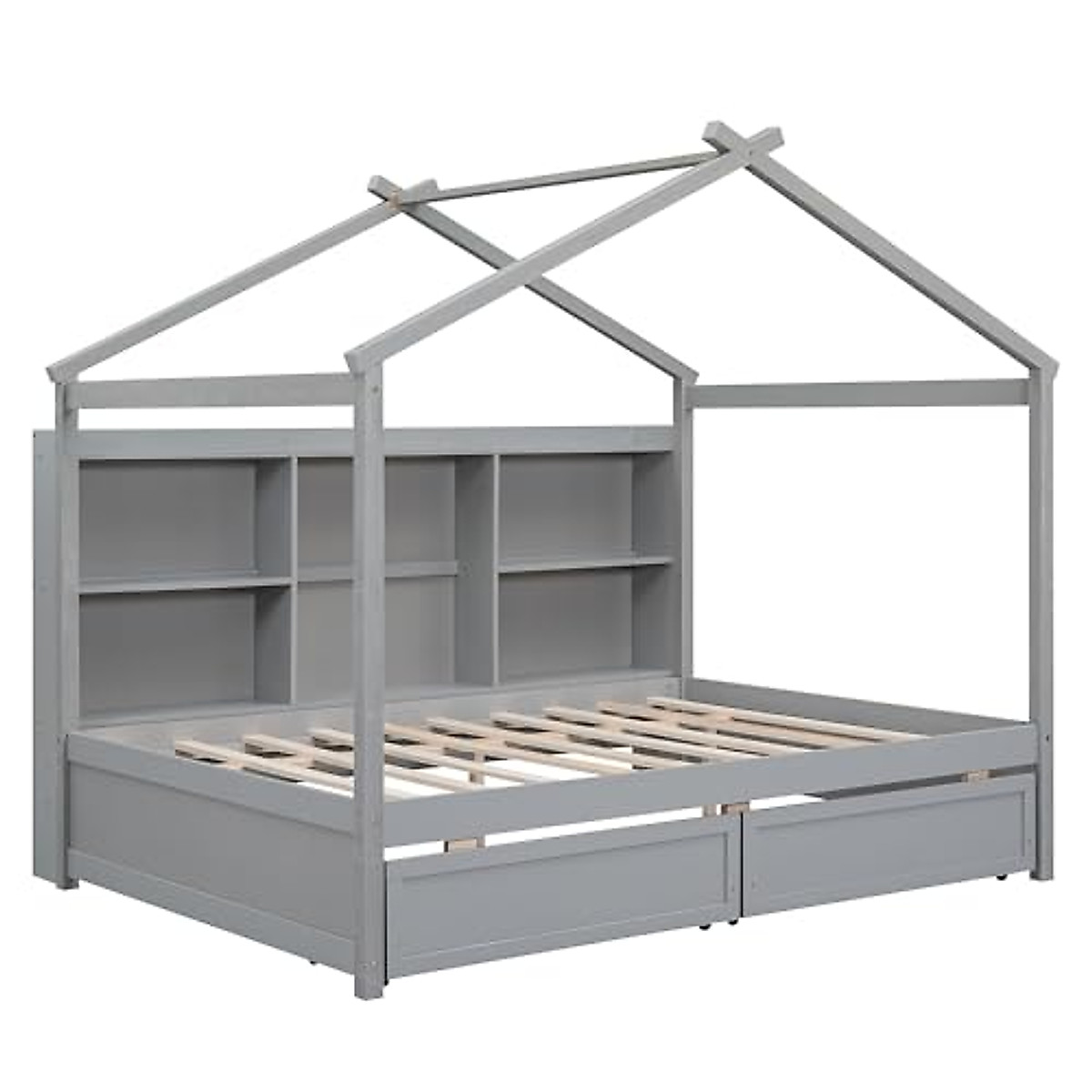 Yehha Full Size House Bed with Storage Shelves and 2 Drawers, Multifunctional Storage Wooden Bed for Boys & Girls Bedroom, Small Space, No Box Spring Needed/Wood Slats Support, Easy Assembly, Gray