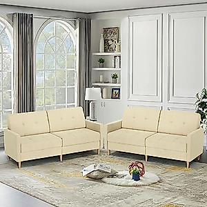 HoynPuko Modern Sofa Bed Breathable Linen Fabric Convertible Loveseat Couch with Wooden Legs and Adjustable Backrest for Office Living Room Apartment, 77" W x 32" D x 34" H Beige