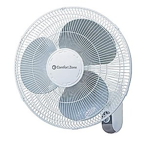 Comfort Zone CZ16W 16” 3-Speed Oscillating Wall-Mount Fan with Adjustable Tilt, Metal Grille, 90-Degree Oscillation, White