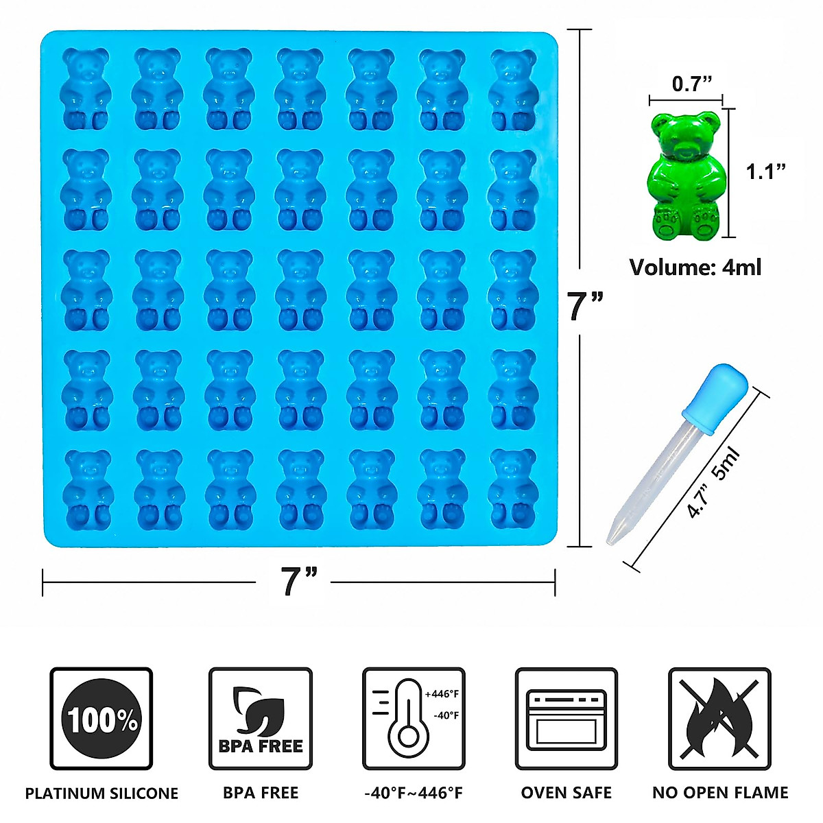 Large Gummy Bear Mold Candy Molds, Non-Stick Silicone Gummy Chocolate Molds BPA Free with 3 Droppers, Set of 3