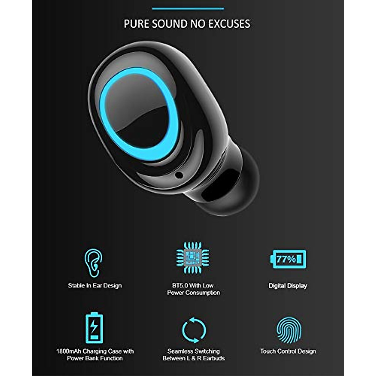 Edelin True Wireless Headphones - Bluetooth Earbuds with Mic Stereo - Waterproof IPX4 TWS Headset for Sport Running Gym - Earphones Compatible iPhone 11 X Samsung Galaxy S20 Android iOS