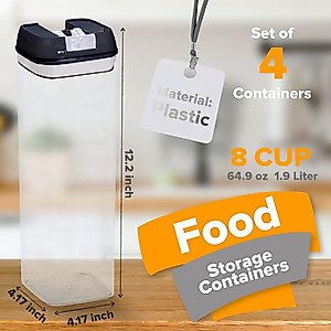 Cheer Collection One Size Airtight Food Storage Containers - Set of 4 IDENTICAL 65 oz Pantry Organizer Bins plus Marker and Labels - Black Lids