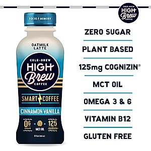 High Brew Coffee, Smart Coffee with Cognizin®, Cinnamon Vanilla, Dairy-Free, Sugar-Free, 12 Fl Oz, Ready-To-Drink (Pack of 12)