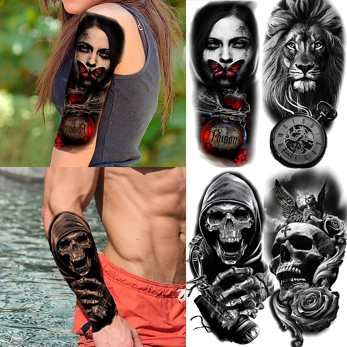 VANTATY 22 Sheets Sexy 3D Temporary Tattoos For Women Men Arm Forearm, Waterproof Fake Tattoo Stickers For Adults Realistic Tiger Lion, Halloween Skeleton Rose Flower Tatoos Warrior Anchor Compass