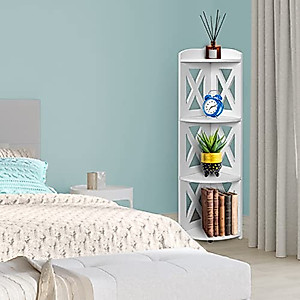 NHZ Corner Shelf Stand, Wood Corner Bookshelf, Corner Bookcase and Plant Stand (White, 4 Tier)