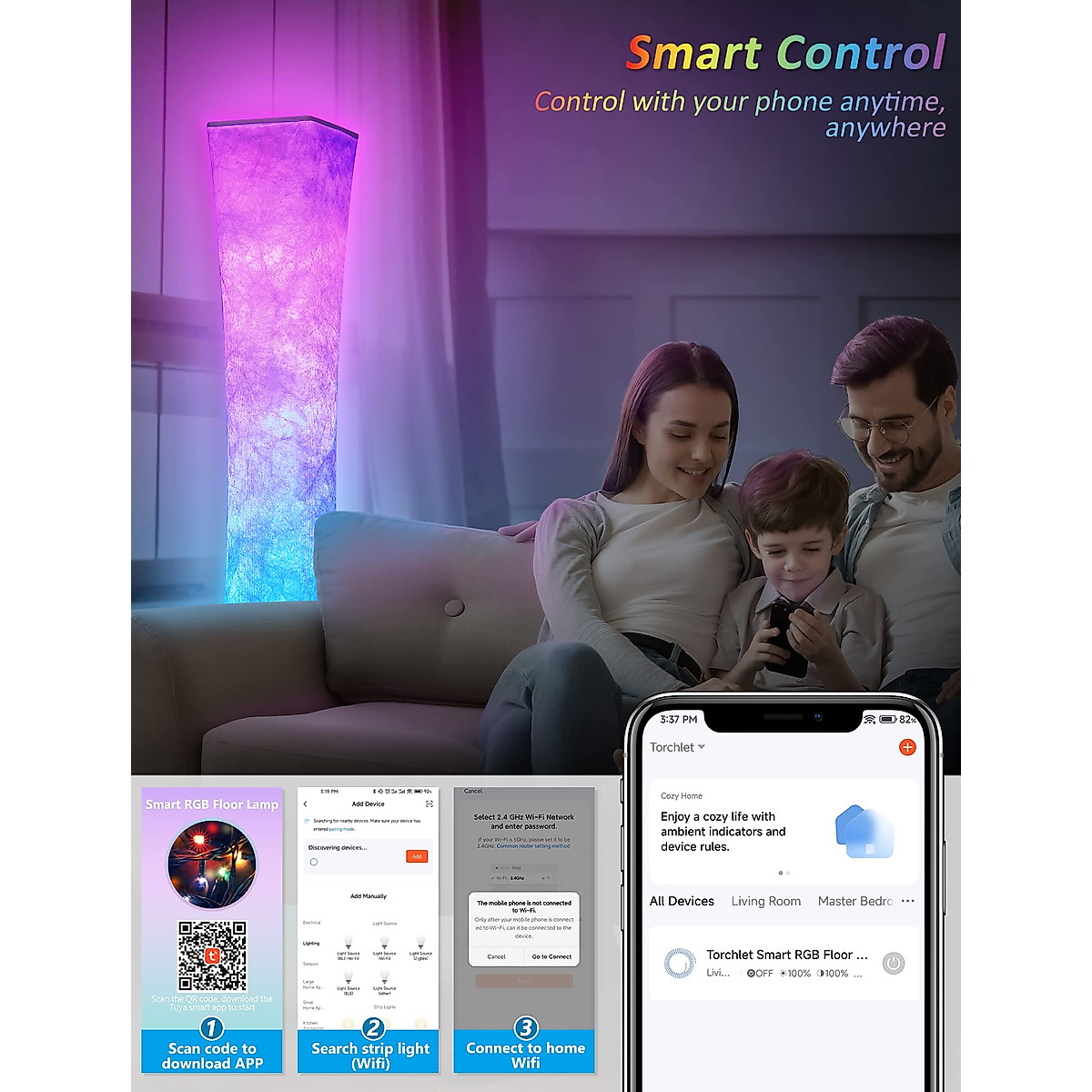Torchlet RGB Led Smart Lamp Alexa APP Control, Color Changing Modern Floor Standing Lamp with DIY Mode, Music Sync and White Fabric Shade for Living Room Bedroom Game Room
