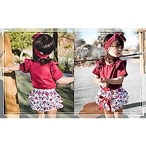 CETEPY Baby Girl Clothes Newborn Summer Outfits Infant 3Pcs Floral Pants + Short Ruffle Romper Playsuit + Headband Wine Red 0-3 Months 70cm
