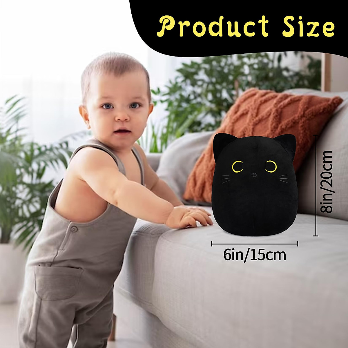 Leokawin Black Cat Plush Toy,8in Black Cat Stuffed Animal, Kawaii Cat Plush Doll Gifts for Kids Boys Girls(20cm/8in