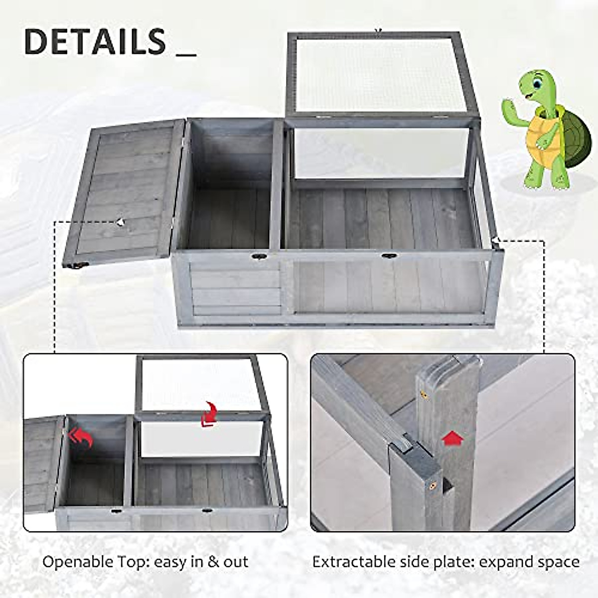 PawHut Wooden Tortoise House Indoor Turtle Habitat Enclosure Outdoor Reptile Cage for Lizards, Geckos, Gray