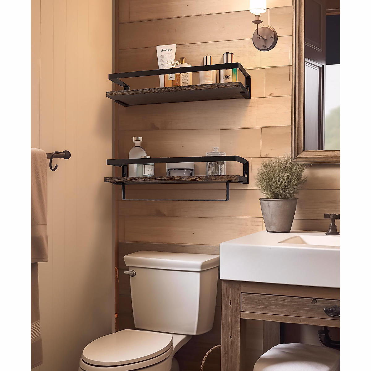 Afuly Bathroom Shelves for Wall, Floating Shelf Bathroom Over Toilet, Wall Mounted Shelves with Towel Bar Rack, Industrial Modern Home Decor Dark Brown