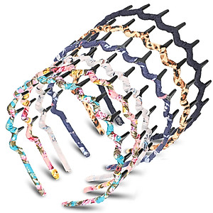 6 Colors Zigzag Shark Tooth Hair Comb Headbands Wrapped Cloth Hard Hairbands Wave Shape Plastic Hair Band Hair Accessory for Women Girls (Chic Pattern)
