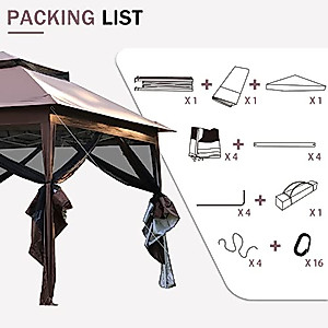 XXkseh 10x10 Pop-Up Instant Gazebo Tent with Mosquito Netting Outdoor Canopy Shelter with 112 Square Feet for Patio Garden Backyard (Brown)