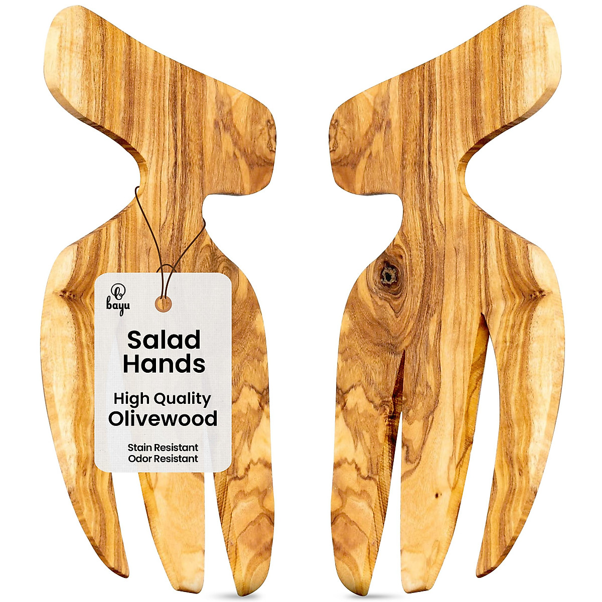 Bayu Olive Wood Handmade Salad Hands - One Pair of Salad Tongs, Salad Servers for Dinner, Wooden Salad Tongs for Salad, Pasta, and More