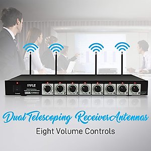 Pyle 8 Channel Wireless Microphone System - Portable VHF Cordless Audio Mic Set with 1/4" and XLR Output, Dual Antenna, - Includes 8 Table Top Mics, Rack Mountable Receiver Base - Pyle PDWM8300,Black