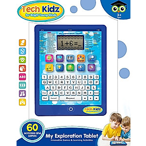 Tech Kidz My Exploration Toy Tablet Educational Learning Computer, 60 Challenging Learning Games and Activities, LCD Screen, Keyboard (Blue), Ages 3+