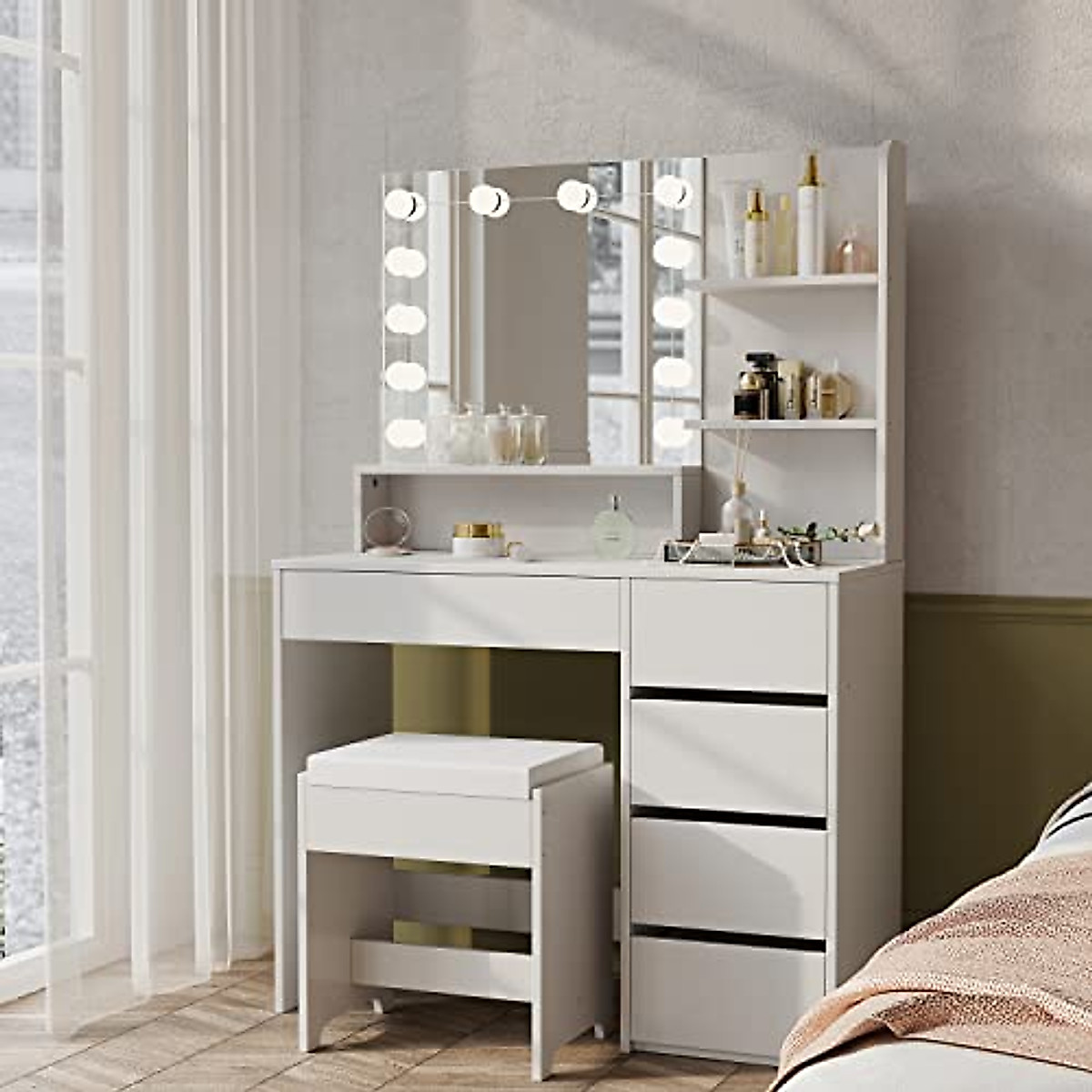 Furniouse 37" W Vanity Desk, Vanity Mirror with Lights and Table Set with 5 Drawers, Vanity Set 3 Lighting Modes Brightness Adjustable for Bedroom Studio