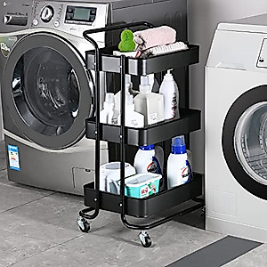 TOOLF 3 Tier Metal Rolling Cart, Utility Cart with Handle, Multifunction Storage Cart with Lockable Wheels, Serving Organizer Trolley with Mesh Basket for Kitchen, Bathroom, Office