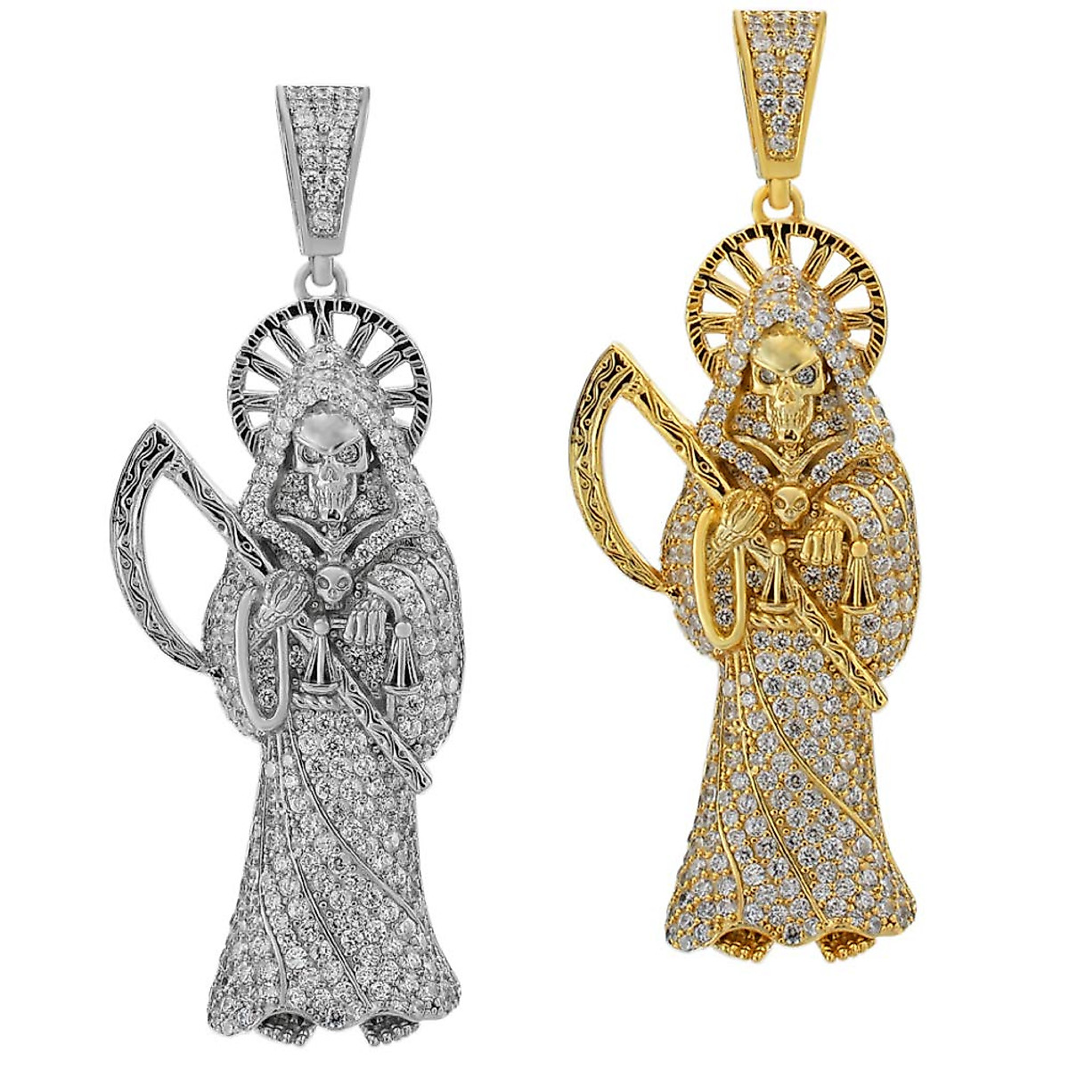 Solid 925 Sterling Silver - Large Men's Grim Reaper Death Pendant - Iced Santa Muerte Piece - Great Necklace (gold-plated-silver)