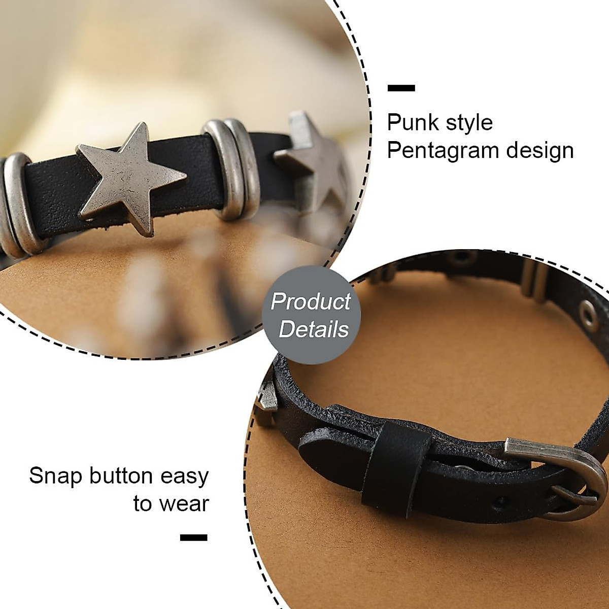 Dmaiy Punk Leather Bracelets Star Studded Bracelet Gothic Rock Bracelets Black Adjustable Cuff Wristband for Women and Men (Black star)