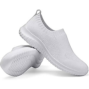 LANCROP Women's Lightweight Walking Shoes - Casual Breathable Mesh Slip On Sneakers Wide 7.5 US, Label 38 All White