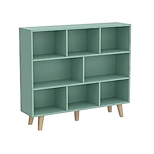 IOTXY Wooden Open Shelf Bookcase - 3-Tier Floor Standing Display Cabinet Rack with Legs, 8 Cubes Bookshelf, Tiffany-Green