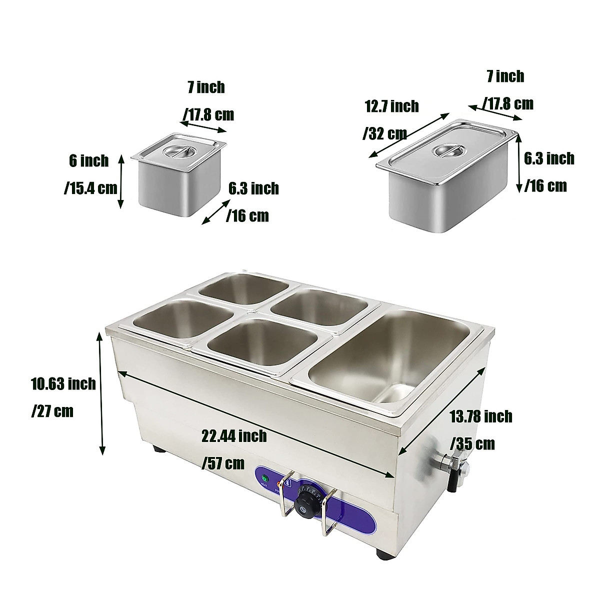 110V 5-Pan Commercial Food Warmer, 304 Stainless Steel Bain Marie Buffet Food Warmer, 1500W Electric Steam Table, 6inch Deep Adjustable Temp, for Restaurants, Catering and Parties