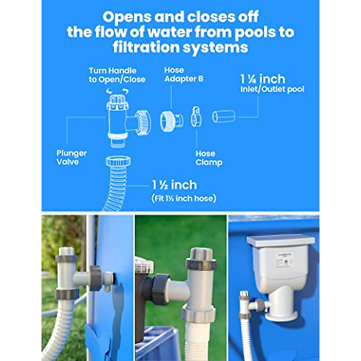 SUMMERBUDDY Type B Hose Adapter & Plunger Valve & Pool Hose Holder for Above Ground Swimming Pool, 1.25" to 1.5" Pool Hose Adapter B & On/Off Plunger Valve for Threaded Pumps (2 Packs)