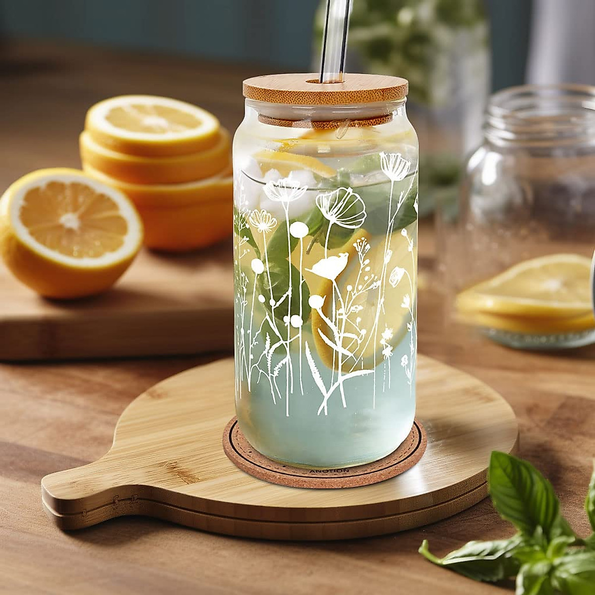 ANOTION Wildflower Glass Cups With Lids and Straws, Iced Coffee Cup Beer Can Shaped Glass 20 Oz Glass Coffee Cups Reusable Drinking Glasses Tumbler Gift for Women Sister Mom