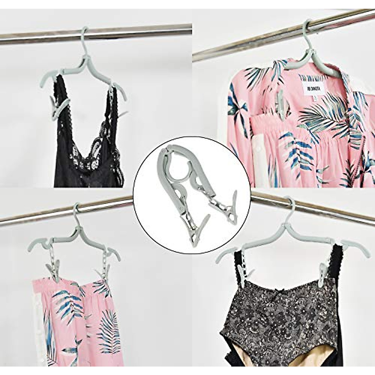 Home-X Folding Hangers with Clips, Space-Saving Hangers for Clothes, Compact Closet Organizer Accessories, Travel Clothes Hangers, Set of 2, 8" L x 4" W x ½” H, Gray