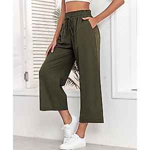 REDMORE High Waisted Linen Pants for Women Summer Wide Leg Capris Lightweight Casual Drawstring Trousers Palazzo Pants Army Green