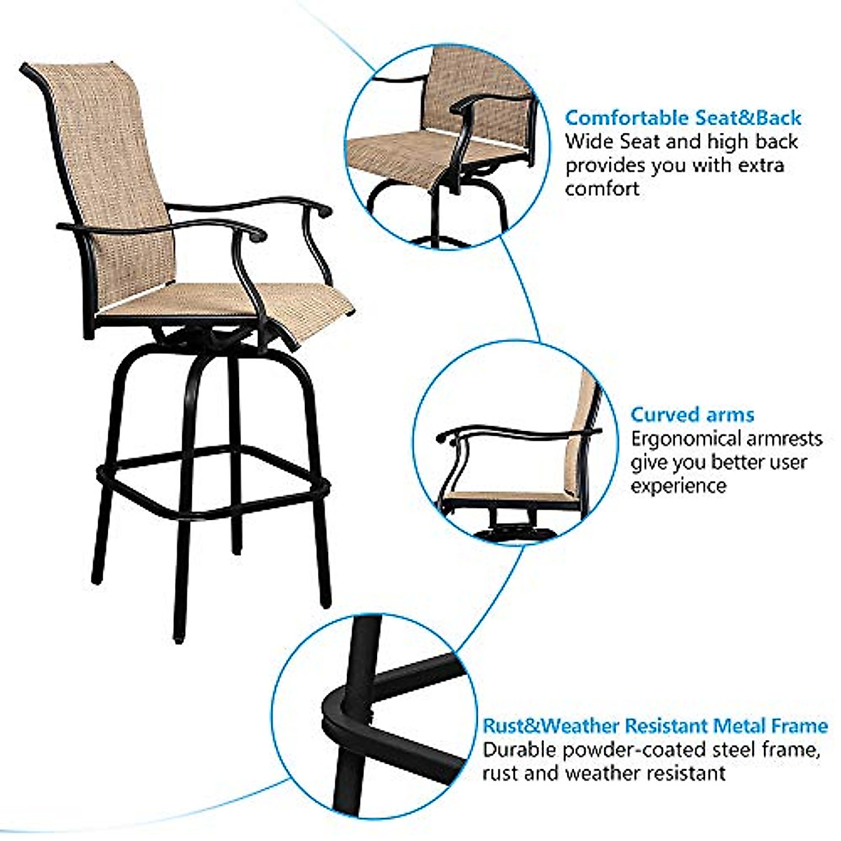 VINGLI Upgraded Outdoor Swivel Bar Stools Outdoor Patio Chairs Set of 2, Metal Outdoor Bar Stools Bar Set Outdoor Stools Bar Height Chairs Set Outside Chairs (Black)