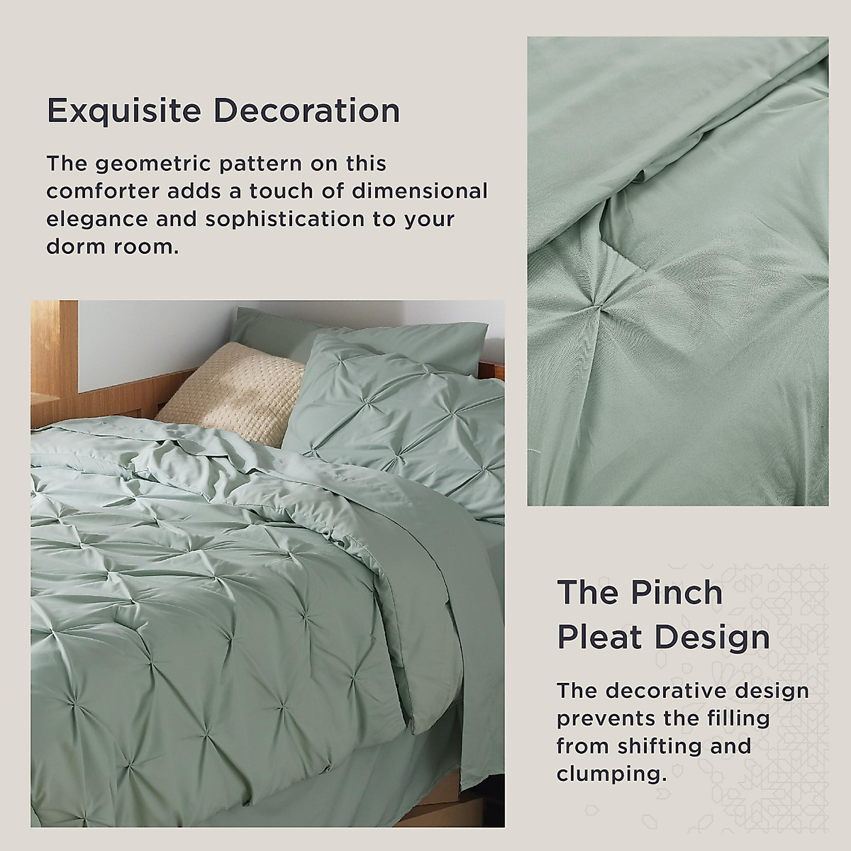 Bedsure Twin XL Comforter Set - Extra Long 5 Pieces Dorm Bedding Sets, GentleSoft™ Pinch Pleat Sage Green Bed in a Bag with Pintuck Comforter, Sheets, Pillowcase & Sham