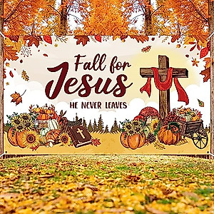 WATINC XtraLarge Fall for Jesus Banner Decorations, Fall for Jesus He Never Leaves Autumn Photography Background, Pumpkin Sunflower Decors Supplies Photo Booth Prop for Wall Home Classroom