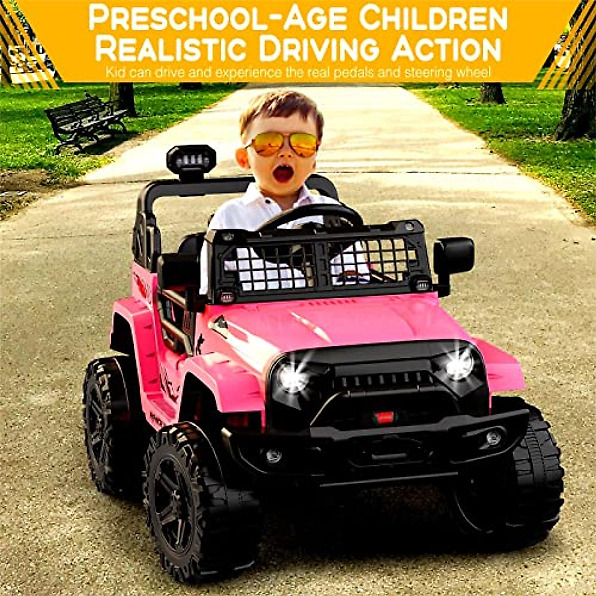 Hetoy Ride on Truck Car 12V Kids Electric Vehicles with Remote Control Spring Suspension, LED Lights, Bluetooth, 2 Speeds