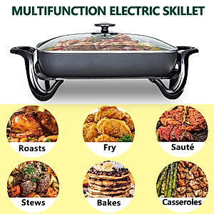 Electric Skillets Nonstick 16-Inch Extra-Large with Lids - Deep Electric Frying Pan, Adjustable Temperature, for Roast Fry Grill Stew Bake Make Casseroles and More, Black