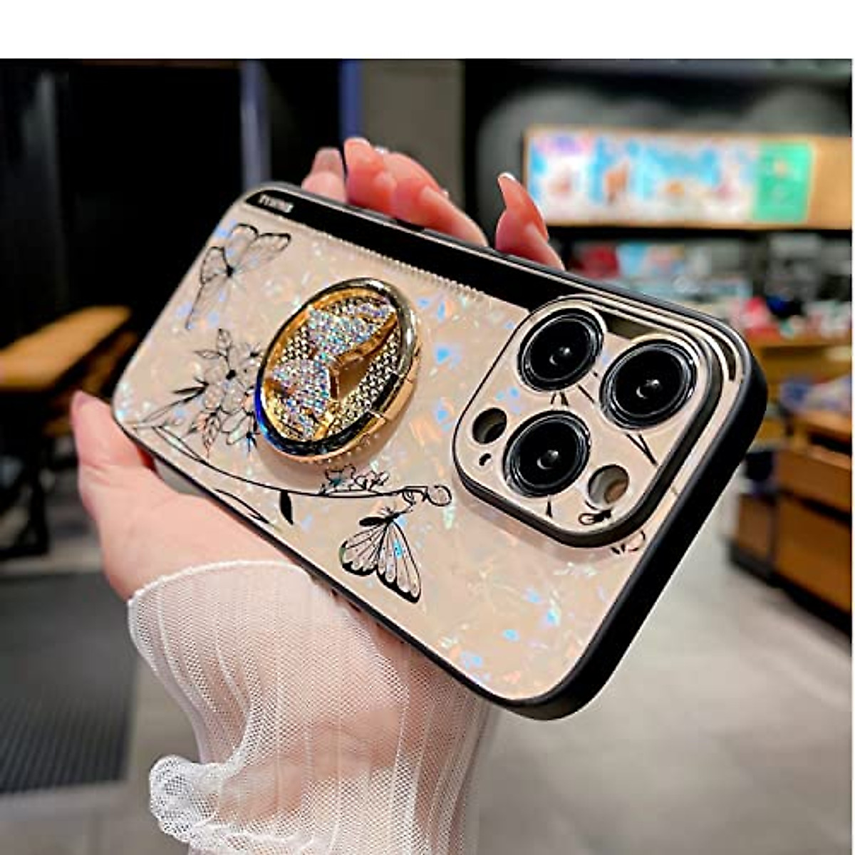 Topwin iPhone 14 Pro 6.1'' Kickstand Case, Cute 3D Butterfly Bling Glitter Marble Elegant Rhinestone Diamond Hard Back Soft TPU Bumper Cover for Girls for Apple iPhone 14 Pro 6.1 2022 (Rose Gold)