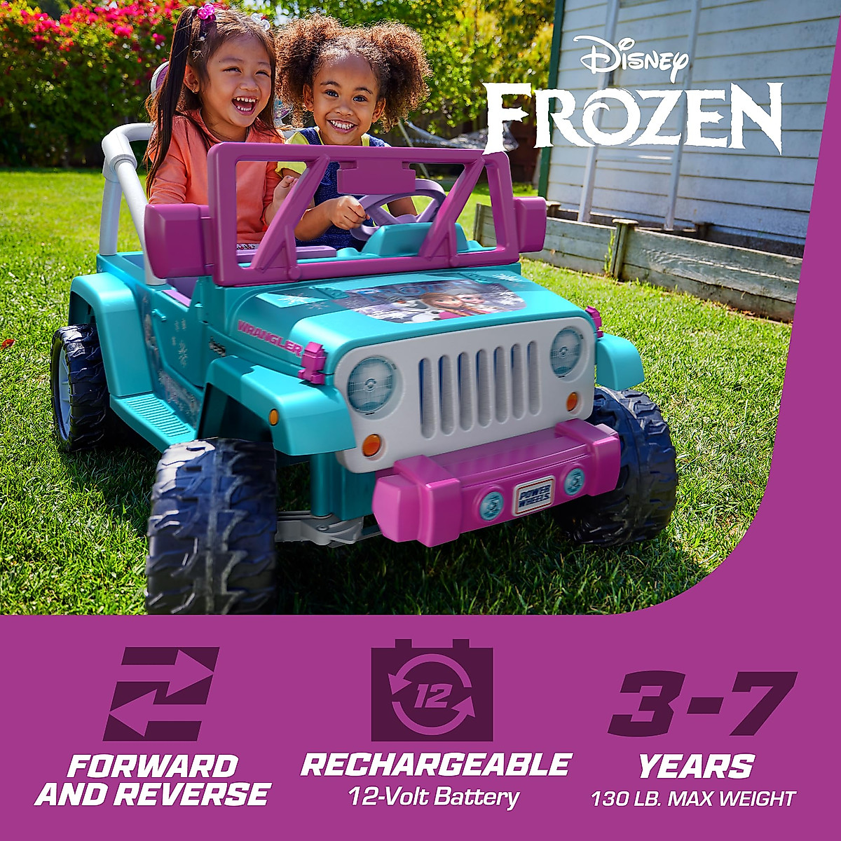 Power Wheels Disney Frozen Jeep Wrangler Ride-On Battery Powered Vehicle with Music Sounds & Storage, Preschool Kids Ages 3+ Years​, Baby Blue/Purple