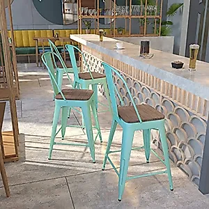 Flash Furniture 4 Pk. 24" High Mint Green Metal Counter Height Stool with Back and Wood Seat
