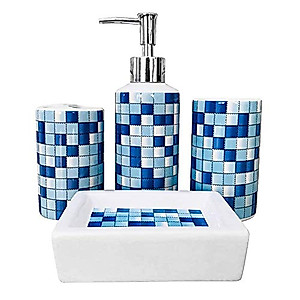 AUANIYAN Ceramic Bathroom Accessories Set, 4 Pieces Modern Design Bath Set Soap Dispenser,Toothbrush Holder, Tumbler,Soap Dish（Blue Mosaic）