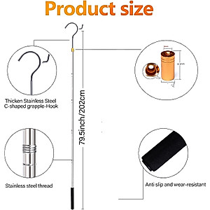 Clothes Hook Pole, Adjustable from 28 inches to 74 inches, Sponge Handle,Pick up Clothes from high Places,Closet Coat Rack Hook Rod, Used for Blinds Closets Ceilings, Strong Yet Lightweight.