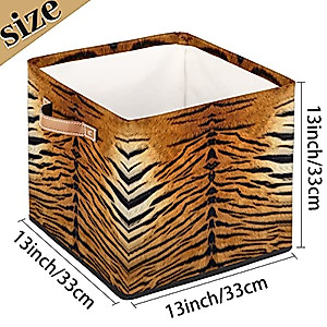 GzLeyigou Large Collapsible Storage Bins,Animal Tiger Leather Leopard Print Decorative Canvas Fabric Storage Boxes Organizer with Handles,Cube Square Baskets Bin for Home Shelves Closet Nursery Gifts
