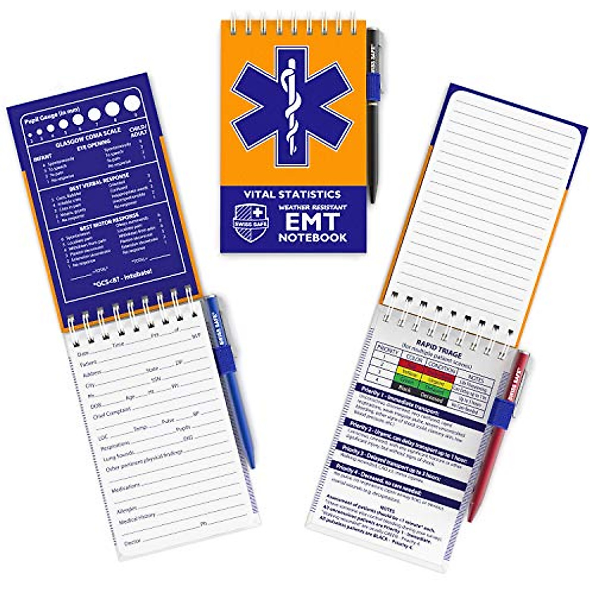 Swiss Safe EMT Vital Waterproof Notebook, 140 Pages/Notepad and Pens, for Emergency First Responders, 3 Pack
