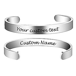 8MM Personalized Inspirational Bracelet Custom Engraved Name Mantra Quote Any Message Bangle Cuff Customizable(Silver Customizable)