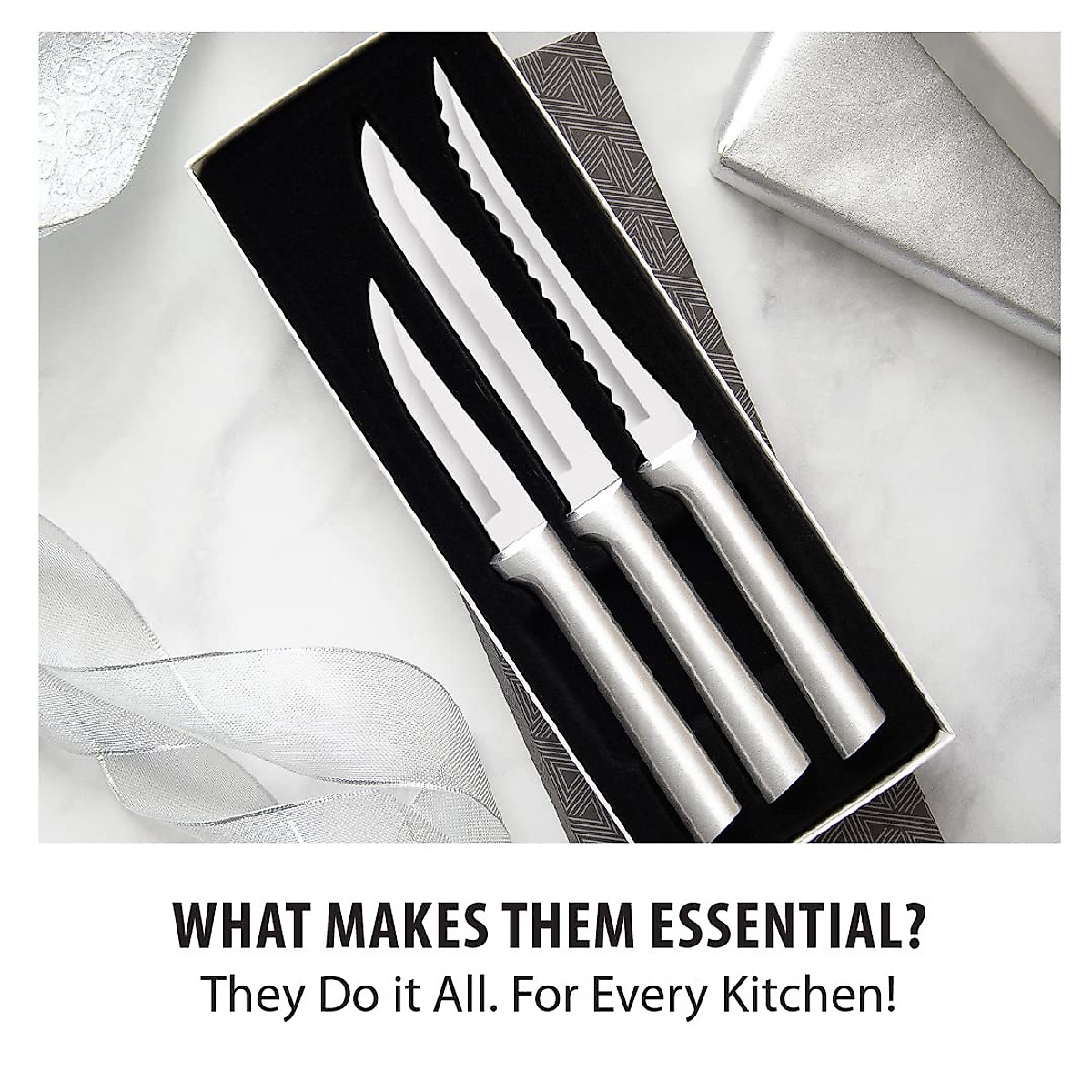 Rada Cutlery Cooking Essentials Knife Starter Gift 3 Piece Stainless Steel Set With Brushed Aluminum, Made in the USA, Silver Handle