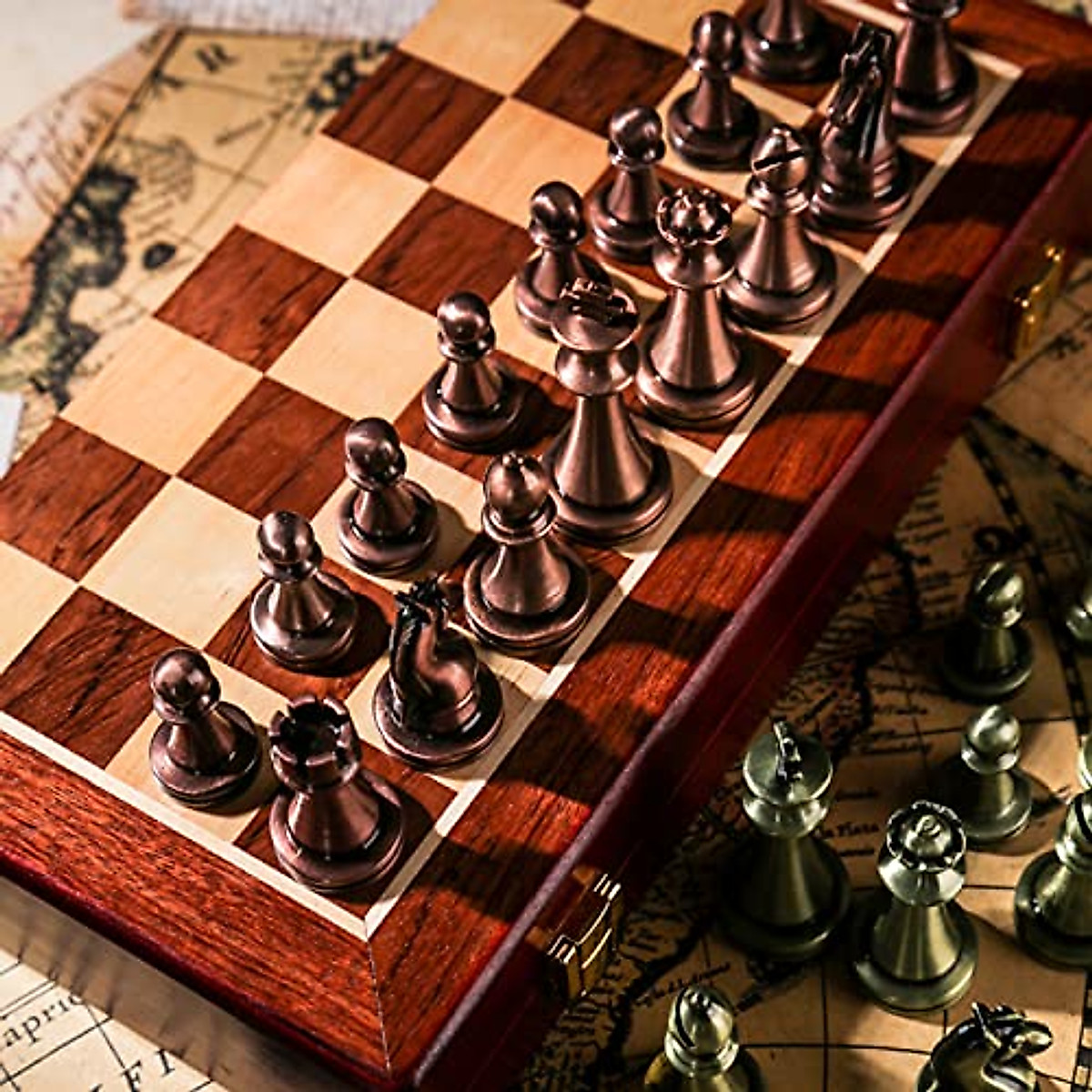 12 Inches Chess Set with Folding Wooden Chess Board and Classic Handmade Standard Pieces Metal Chess Set for Kids Adult