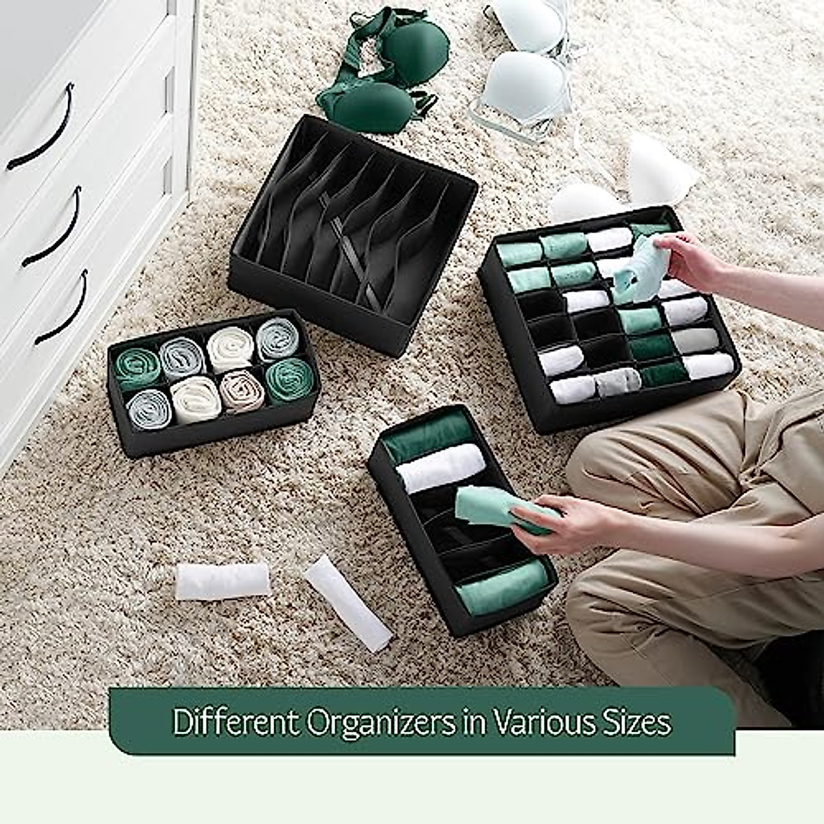 Dresser Organizer, [8 Pk] Black Fabric Dresser Drawer Organizers (4 Sizes With 90 Slots) Foldable Underwear Drawer Organizer Breathable Bins for Bra, Lingerie, Socks, Scarves, Belt, Tie, Baby Clothes.