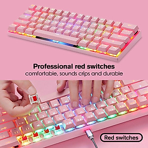 MOTOSPEED Bluetooth/Wired 60% Pink Mechanical Keyboard Compact 61 Keys RGB LED Backlit Type-C Gaming/Office Keyboard for PC/Mac/Laptop Gamer (Red Switch)